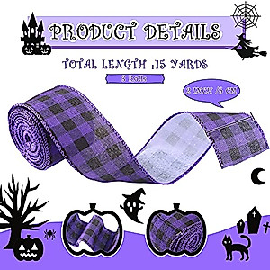 3 Rolls 15 Yards 2 Inches Halloween Plaid Wired Ribbons Buffalo Check Ribbon Fall Rustic Craft Ribbon Assorted Burlap Style Fabric Wrapping Ribbon for Decorations (Black, Purple Plaid)