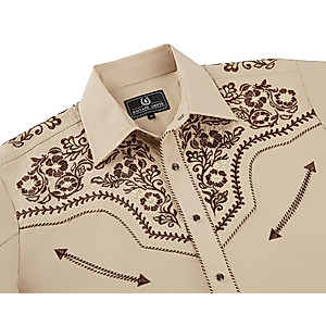 SALVAJE OESTE Western Embroidered Cowboy Shirts for Men, Casual Button Down Long Sleeve Shirt Floral Design Retro Shirt Khaki