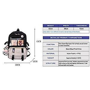 DACHAIHU Kawaii Backpack Aesthetic School Bags 17in Cute Bookbag with Badge&Cute Pendant,Large Capacity Kawaii Backpacks for School Black1