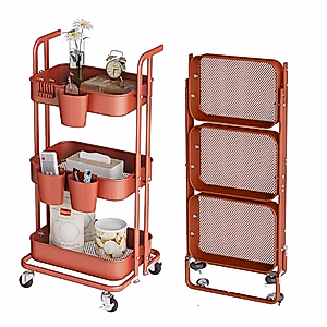 DTK 3 Tier Foldable Rolling Cart, Metal Utility Cart with Lockable Wheels, Folding Storage Trolley for Living Room, Kitchen, Bathroom, Bedroom and Office, Red
