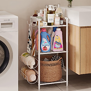3 Tier Laundry Room Shelves,Multifunctional Shelving Units and Storage with 4 Bottles Storage Hooks and 2 Small Towel Hooks,Bearing Stronger Standing Shelf,White Laundry Room Organization Floor Shelf