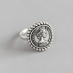 Antique Disc Carved Coin Open Statement Rings 925 Sterling Silver for Women Men Adjustable Fashion Vintage Goddess Worship Celebrity Medal Reversible Ring Stacking Promise Finger Band
