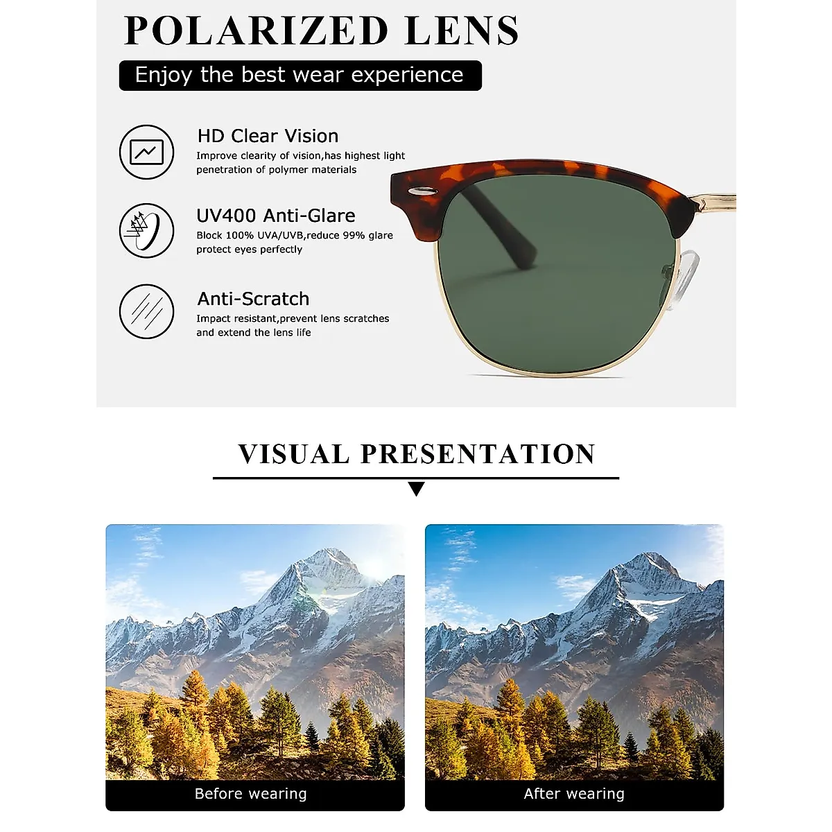 AEVOGUE Polarized Sunglasses For Women And Men Semi Rimless Frame Retro Sun Glasses AE0369 (Matte Tortoiseshell Green Lens&Transparent Brown Blue)