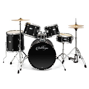 Ashthorpe 5-Piece Full Size Adult Drum Set with Remo Heads & Premium Brass Cymbals - Complete Professional Percussion Kit with Chrome Hardware - Black