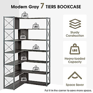 Corner Bookcase, 7-Tier L-Shaped Tall Bookshelf with Open Storage, Freestanding Industrial Etagere Shelf with Metal Frame for Home Office Funiture, Grey, Silver Frame