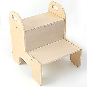 GEMEM Wooden Toddler Step Stool for Kids, Two Step Wooden Toddler Step Stool with Handles and Bonus Non-Slip Pads, Safety Children's Stool Use for Kitchen, Bathroom & Potty Training Dual Height