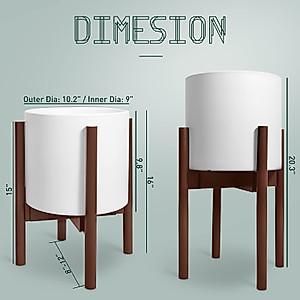 10 Inch Matte White Ceramic Flower Pot with Solid Wood Stand, Straight Cylinder Planter with Drainage Hole - Handmade Modern Minimalist Design for Indoor/Outdoor Plants, Succulents, Herbs, Home Decor