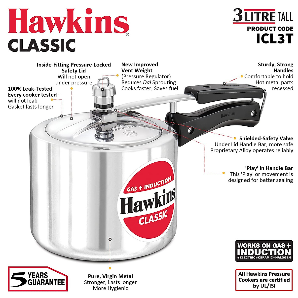 HAWKINS 3 Litre Classic Pressure Cooker, Induction Inner Lid Cooker, Tall Design Pan Cooker, Best Cooker, Silver (ICL3T)