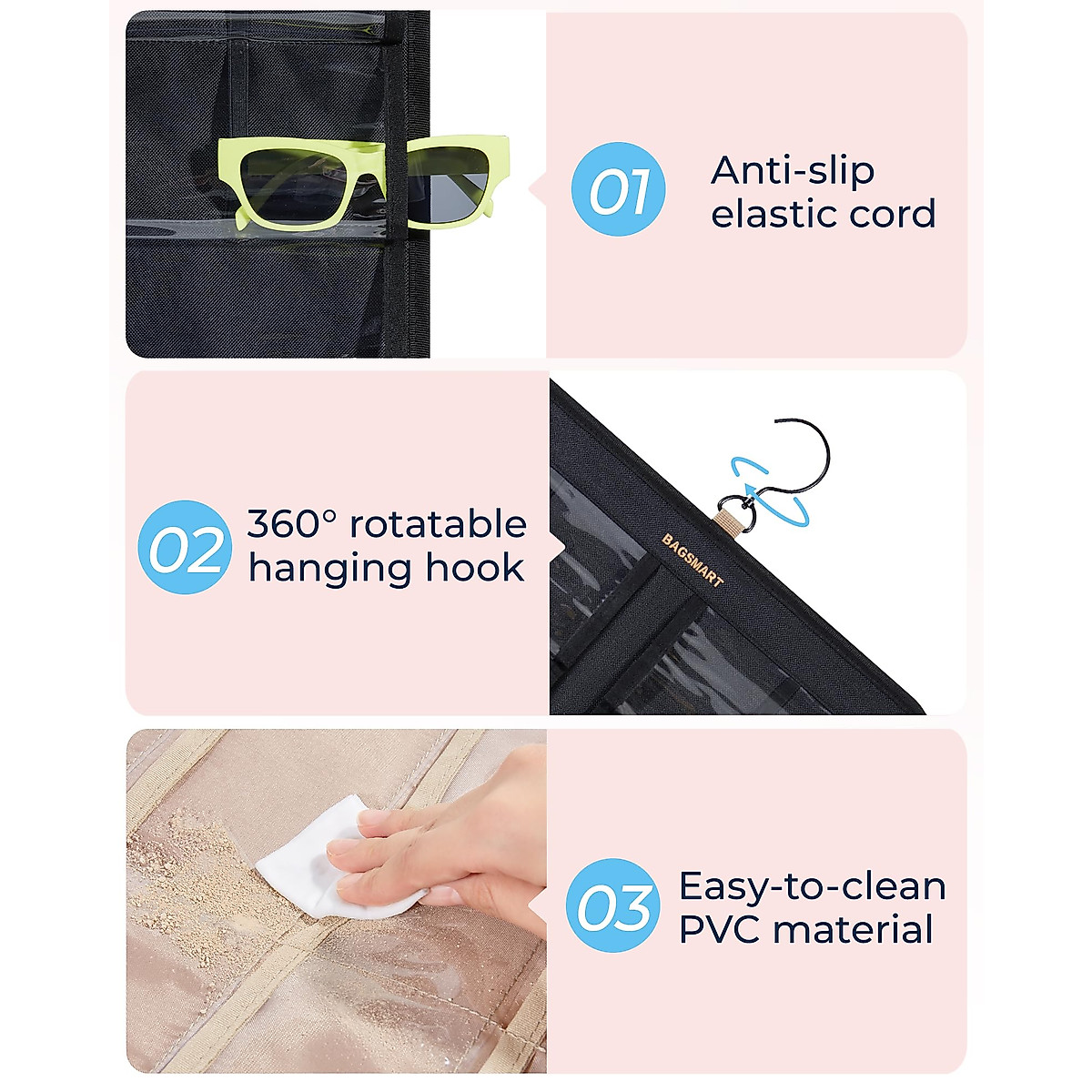 BAGSMART Hanging Jewelry Organizer, Dust Proof Sunglasses Storage Case Wall Mounted, Travel Dual Sided Glasses Case Multiple Pairs, Eyeglasses Holder with 32 Clear Slots & Metal Hook, Black