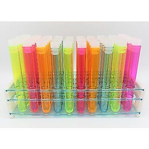 Test Tube Party Pack with Assorted Neon 5" Plastic Test Tubes, Caps and 50-hole Test Tube Rack w/Signature Party Picks