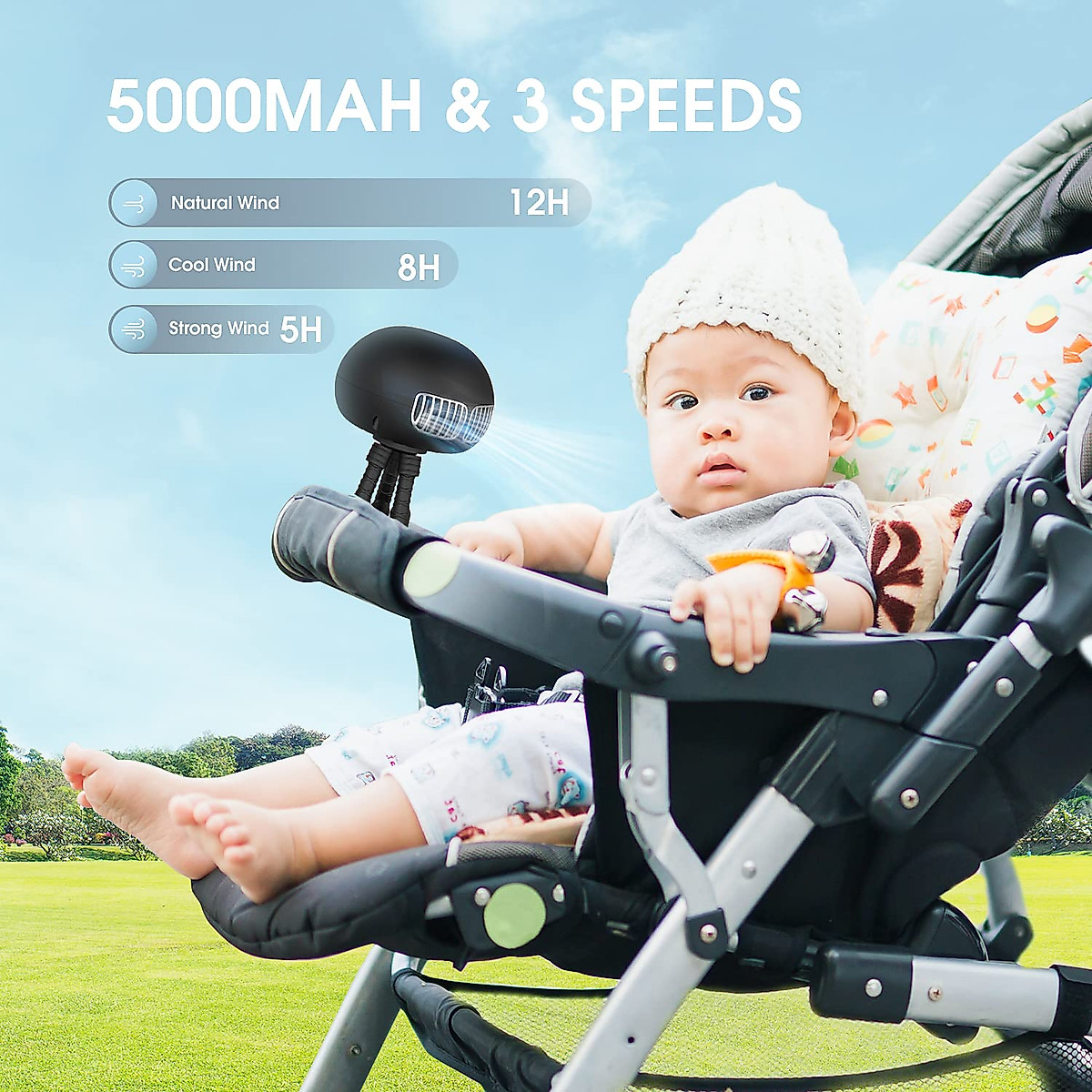 Portable Handheld Stroller Fan, 5000mAh Battery Operated Powered Fan, 3 Speeds Mini USB Rechargeable Fan, Clip on Fan with Flexible Tripod, Personal Baby Fan for Stroller and Car Seat (Black)