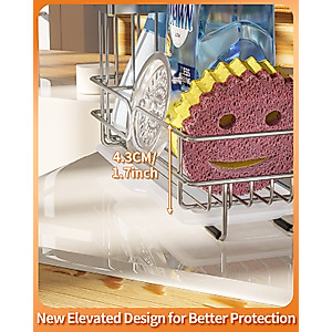 SWTYMIKI Sink Caddy Kitchen Sink Organizer, 304 Stainless Steel Sponge Caddy for Kitchen Sink with Removable Brush Holder Dish Sponge Holder with Drawer Drain Tray for Kitchen Tabletop, Silver