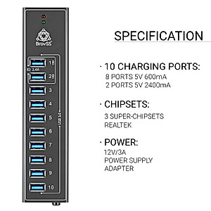 BrovSS: 10 Port Powered USB 3.0 Hub Aluminum with 4 IQ Ports - USB 3 Splitter with 12V 3A 36W Power Adapter. Connect up to 10 Electronics and USB peripherals (Black)