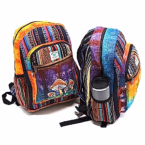 Unique Mushroom Embroidered Tie Dye Himalaya Hemp Hippie Backpack Festival Backpack Hiking FAIR TRADE Handmade with Love. (LARGE)