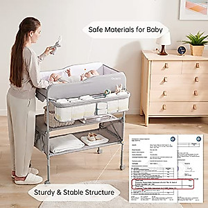 Baby Changing Table Portable Adjustable Changing Station for Tall, Foldable Diaper Changing Tables, Easy Clean Changing Table Topper, Large Storage Cholena Changing Station for Nursery, Cationic Grey