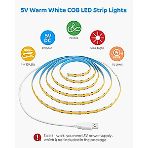 Aclorol USB COB LED Strip Lights Warm White Led TV Backlight 5V 1M 3.28FT 320Leds 3000K CRI85+ FCOB COB Flexible Lights with 1M USB Powered for Bedroom Under Cabinet Kitchen DIY Lighting Project