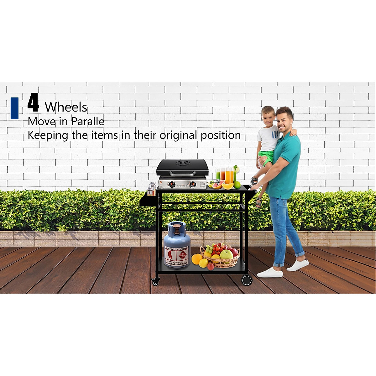 Koutemie Outdoor Grill Cart Table with 4 Wheels for Blackstone 17" or 22", Movable BBQ Food Prep Table Top, Double-Shelf Metal Pizza Oven Worktable with Spice Tray for Patio, Backyard, Black