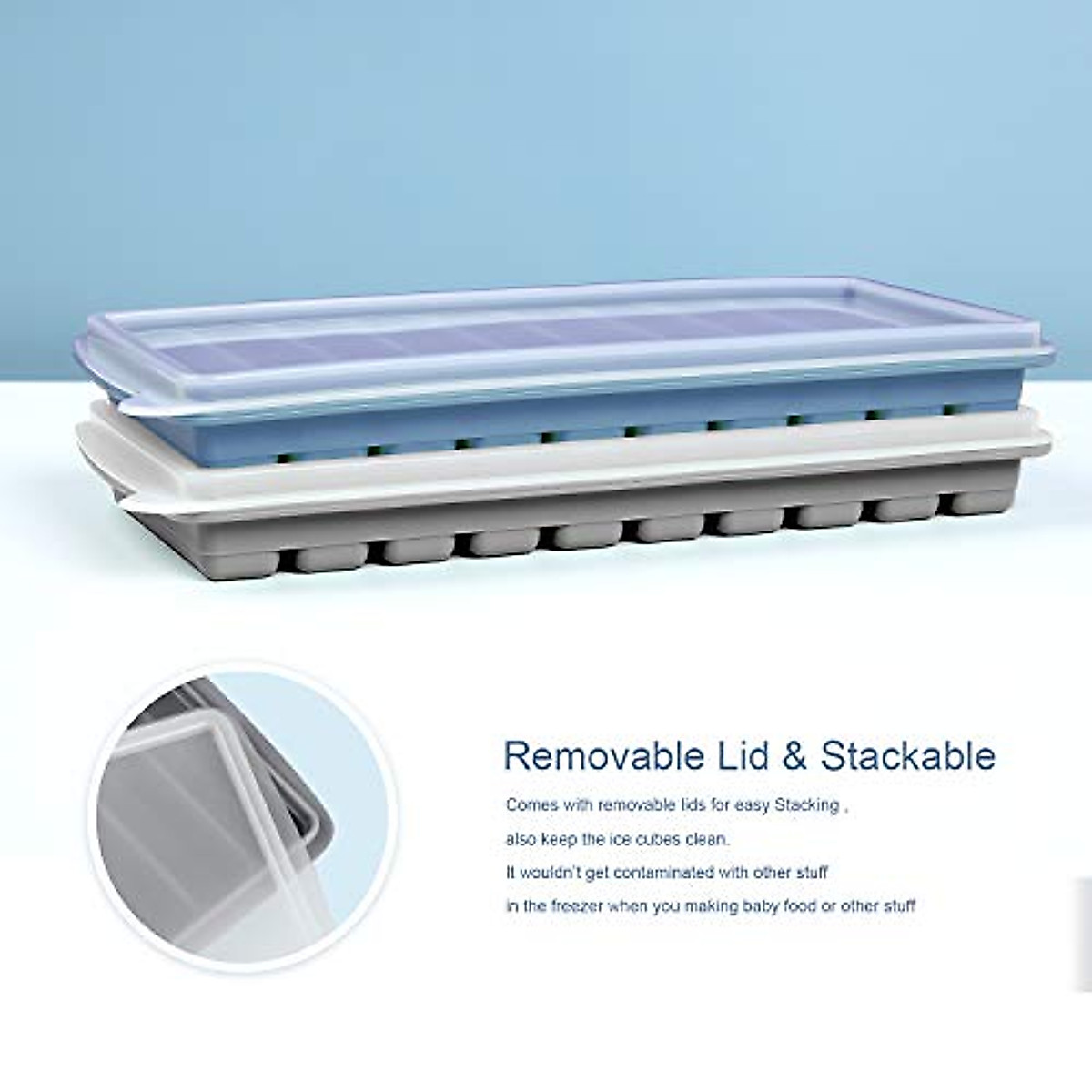 Silicone Narrow Ice Stick Cube Trays with Lids, Easy Push and Pop Out Material, Ideal for Sports and Water Bottles,Blue and Gray