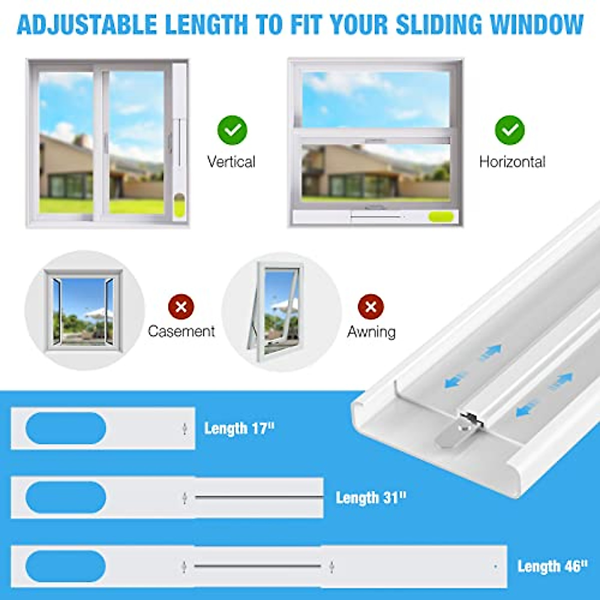 Portable AC Window Vent Kit with 5.1" & 5.9" Universal Hose Adapter, YJHome Air Conditioner Window Seal Kit with 3 Adjustable Slide Seal Plates, Portable Air Conditioner Window Kit for Sliding Window