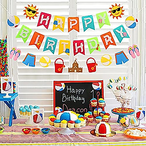Beach Birthday Banner Garland Decorations for Hawaiian Aloha Luau Beach Pool Barbecue Party Beach Ball Happy Birthday Party Favor Supplies