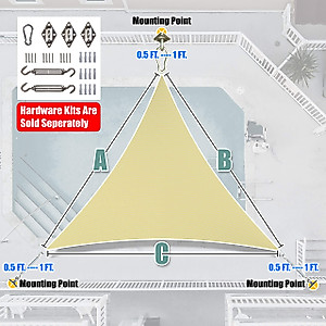 Amgo 10' x 10' x 10' Beige Triangle Sun Shade Sail Awning, 95% UV Blockage, Water & Air Permeable, Commercial and Residential (We Make Custom Size)