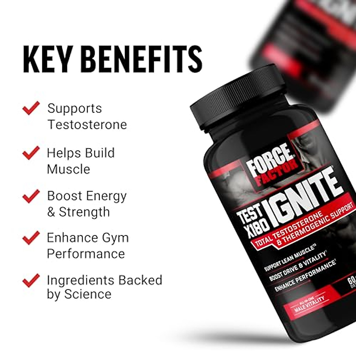 FORCE FACTOR Test X180 Ignite Testosterone Booster for Men, Testosterone Support Supplement to Help Burn Fat, Boost Vitality, and Increase Energy, 60 Capsules
