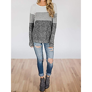 Minthunter Women's Long Sleeve Color Block Cute Shirt Round Neck Casual Tops (Carbon Black, Small)