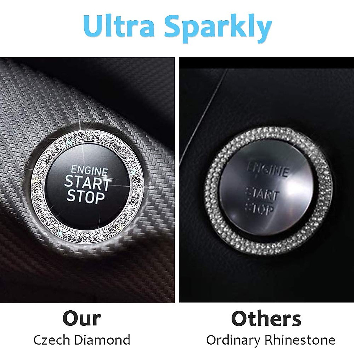 ToBeQueen Bling Diamond Push Start Button Cover Ring, Interior Crystal Rhinestone Bling Starter Ring Emblem Sticker, Bling Car Accessories for Women, White