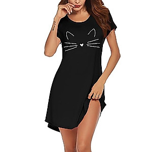 HOTOUCH Womens Night Sleepwear Short Sleeve Lightweight Knee Length Loose Fit Nightgown_Nightshirt A-Black Print, Small