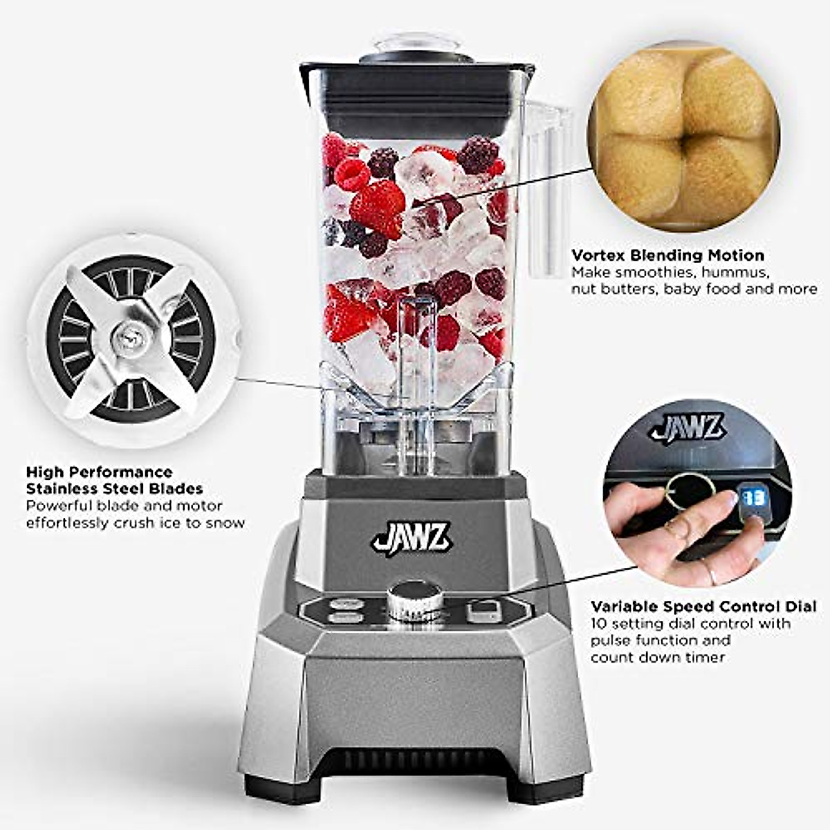 JAWZ High Performance Blender, 64 Oz Professional Grade Countertop Blender, Food Processor, Juicer, Smoothie or Nut Butter Maker, Variable 10 Speed Easy Control Dial, Stainless Steel Blades, Silver