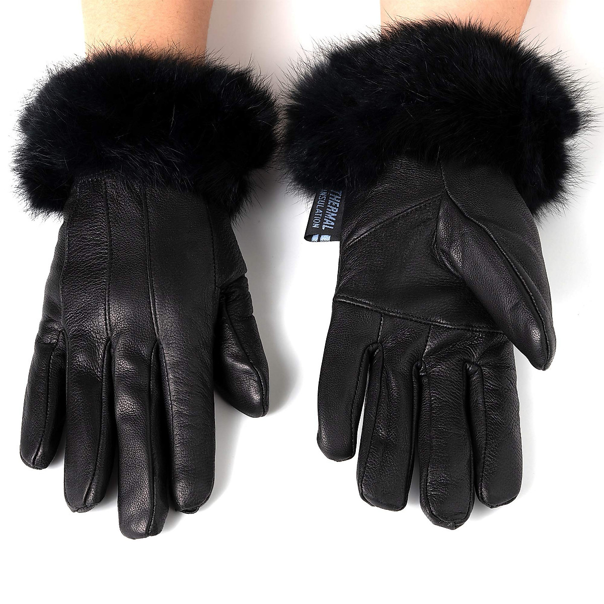 Alpine Swiss Womens Leather Dressy Gloves Faux Fur Trim Cuff Thermal Lining Black Medium