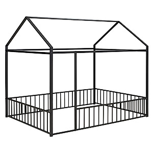 P PURLOVE Full Size Montessori Floor Bed,Full Metal House Bed Frame with Fence Rails for Kids,Montessori Playhouse Beds for Girls Boys Teens, Box Spring Required,Black