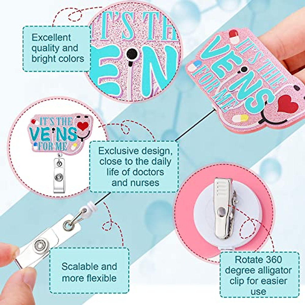 Geyee 4 Pack Nurse Badge Reel Retractable Badge Holder Funny Bling Blood Phlebotomist Badge Clips Cute Phlebotomist Nursing ID Badge Holder with Clip for Office School Hospital Nurses Teacher