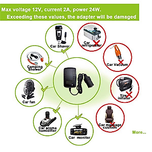 12V Power Supply AC to DC Converter Wall Plug to Car Cigarette Lighter Power Adapter, 110V-240V to 12V Current 2A Max Power 24W Max for Car Shaver Camera Speaker Echo at Home and Hotel, etc
