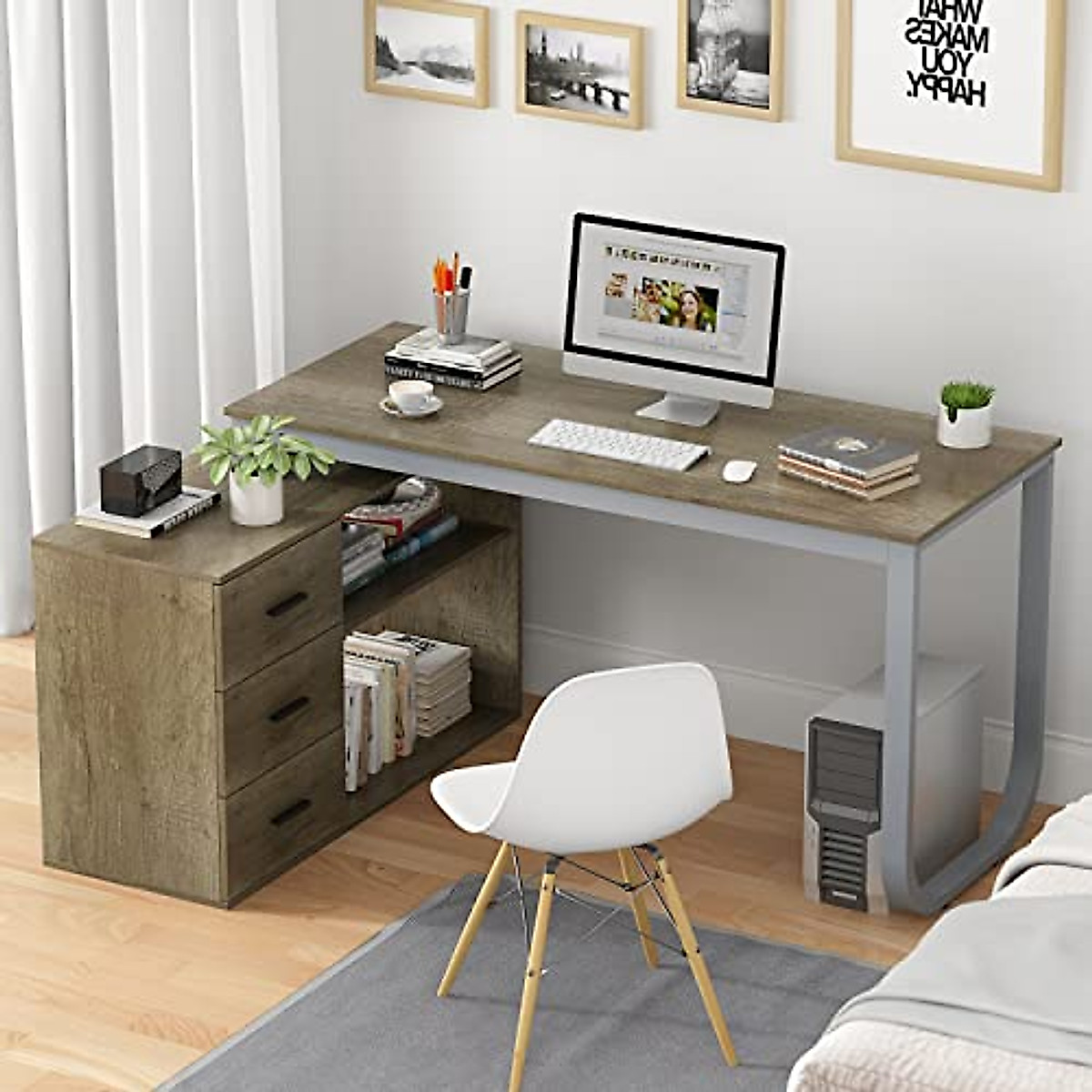 Homsee Home Office Computer Desk Corner Desk with 3 Drawers and 2 Shelves, 55 Inch Large L-Shaped Study Writing Table with Storage Cabinet - Light Brown