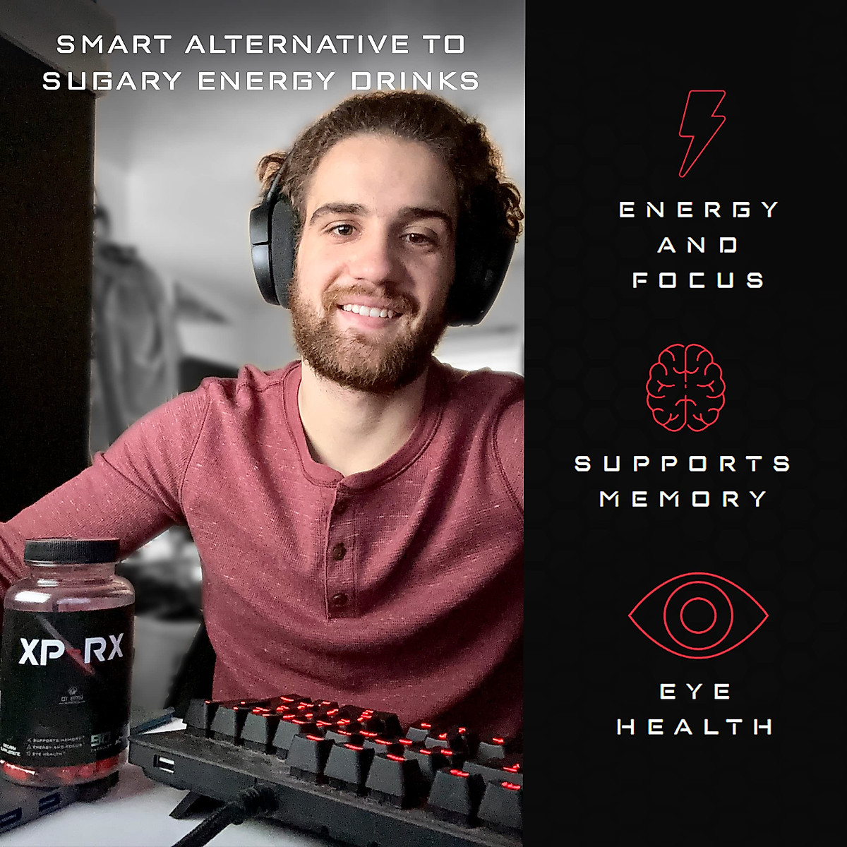 XP-RX Gamer Supplement for Energy, Focus & Endurance - Zero Crash Gaming Pills with 100mg Caffeine - Sugar Free Gaming Supplement by Dr. Emil