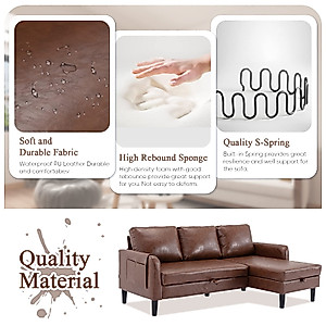 Deolme Pull Out Sleeper Sofa Bed with Storage Chaise Lounge, Modern Sleeper Couch with Side Pocket, Comfy 3 Seat Sofa Couch for Living Room, Bedroom, Home Office (Brown PU)