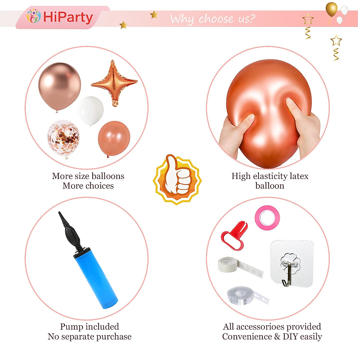 115pcs Rose Gold Birthday Party Decorations for Women Girls Kids, Happy Birthday Banner+Rose Gold White Confetti Metallic Balloons Garland Arch Kit+Circle dots Garland+Pump+Complete Accessories