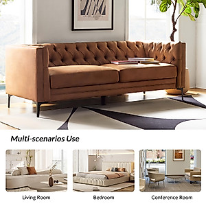 HULALA HOME 84" W Suede Faux Leather Sofa Couch with Metal Legs, Button-Tufted 3-Seater Sofa, Mid Century Modern Contemporary Upholstered Couch for Living Room, Entertainment Area, Apartment,Camel