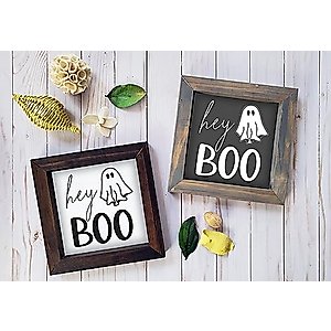 Hey Boo Ghost Sign | Halloween Wood Sign | Rustic Farmhouse Decor | Framed Halloween Home Decor | Wall Sign | Tabletop Decor (8x8, Classic Gray | Gray)