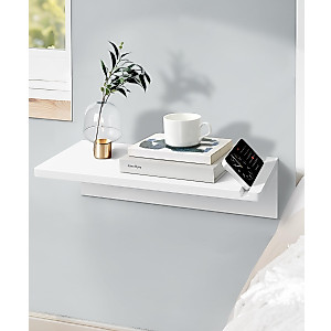 Mazjoaru White Floating Nightstand 16inch, Modern Natural Pine Wood Night Stand Floating Wall Shelves with Phone Slot, Cord Holes, Small Narrow Nightstands Bedside Tables for Bedroom Dorm Bedside