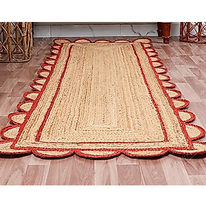 2x3, 2x4, 2x5, 2x6 Ft, Braided Scalloped Jute Rug, Red Scallop Rug, Boho Rug, Natural Jute Rug, Bohemian Rug, Jute Area Rug, Handwoven Jute Rug, Custom Size Rug (2x3 Ft, Area Rug)