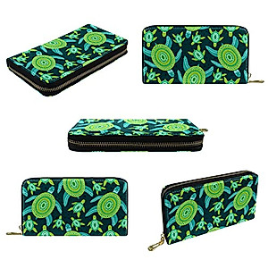 Leather Zip Long Wallet Green Cute Turtle Pattern Cartoon Personalise Purse