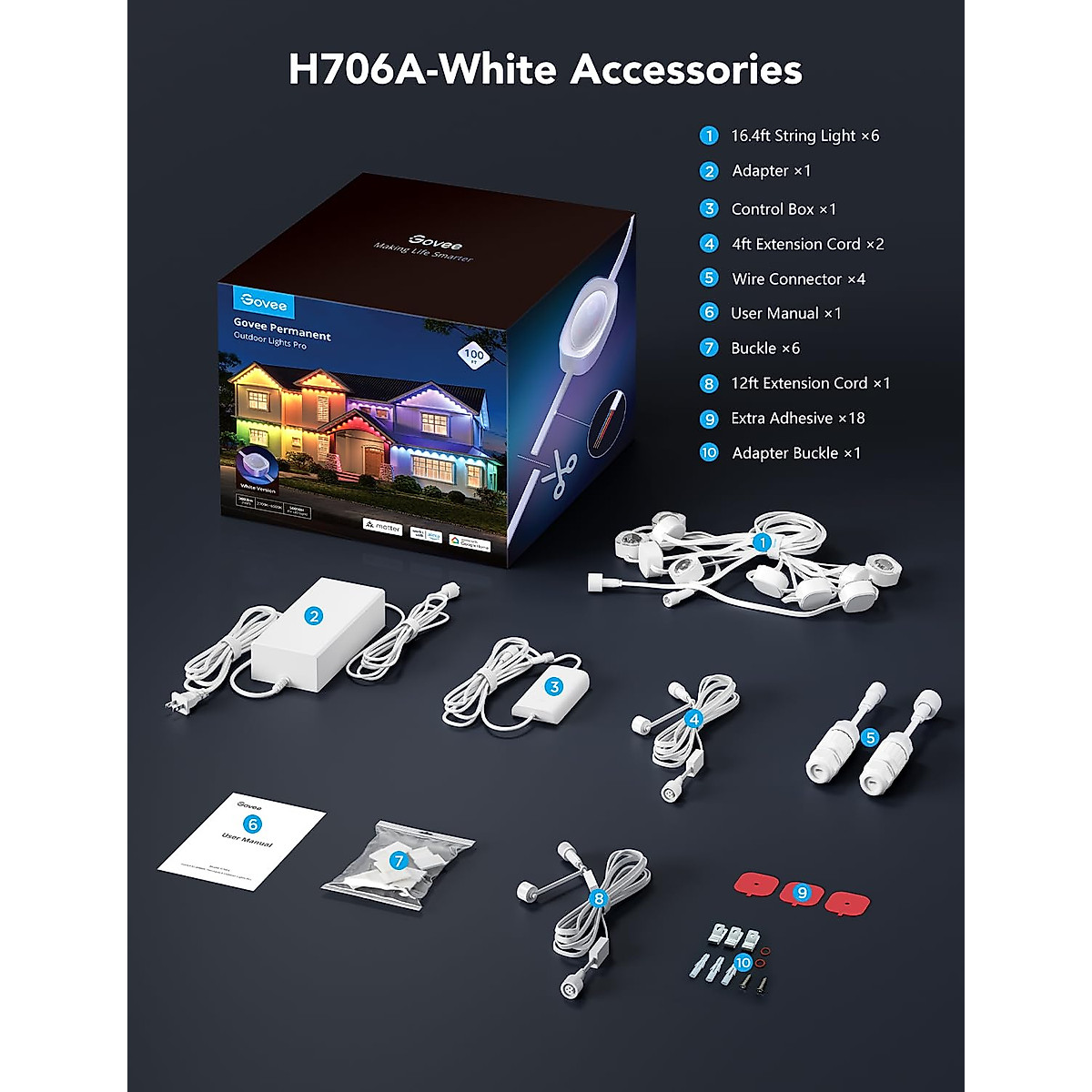 Govee Permanent Outdoor Lights Pro, 100ft with 60 RGBIC LED Lights for Daily and Accent Lighting, 75 Scene Modes, IP67 Waterproof, Works with Alexa, Google Assistant, Matter, White