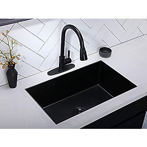 Ufaucet 32 Inch Nano Black Undermount Kitchen Sink, Zero Radius 16-Gauge Stainless Steel Commercial Single Bowl Wet Bar Prep Sink with Drainer and Bottom Grid