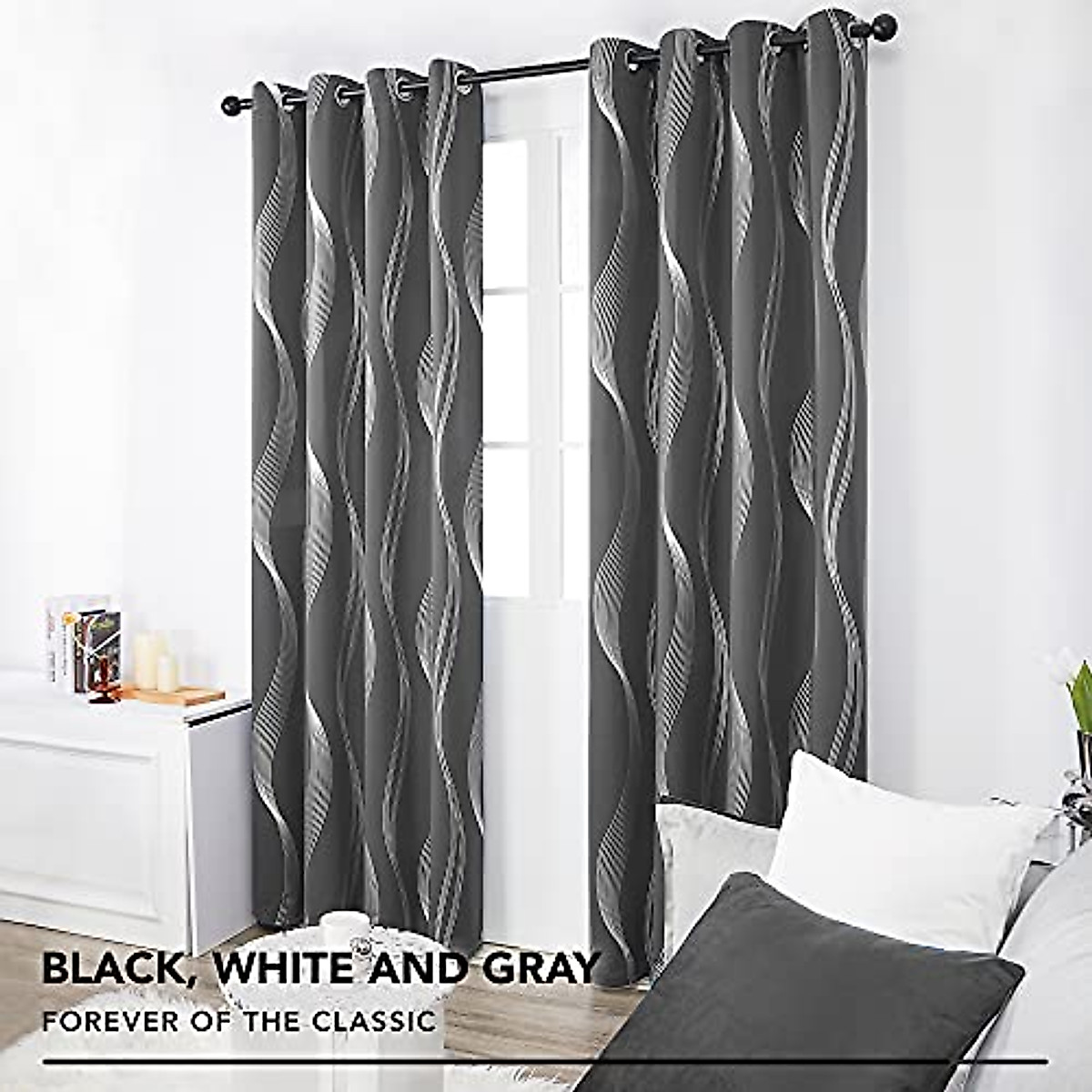 Deconovo Blackout Curtains for Bedroom 84 Inches Long,Wave Foil Print Room Darkening Black Out Curtains for Living Room, 2 Panels Set, 52 by 84 Inch, Dark Grey
