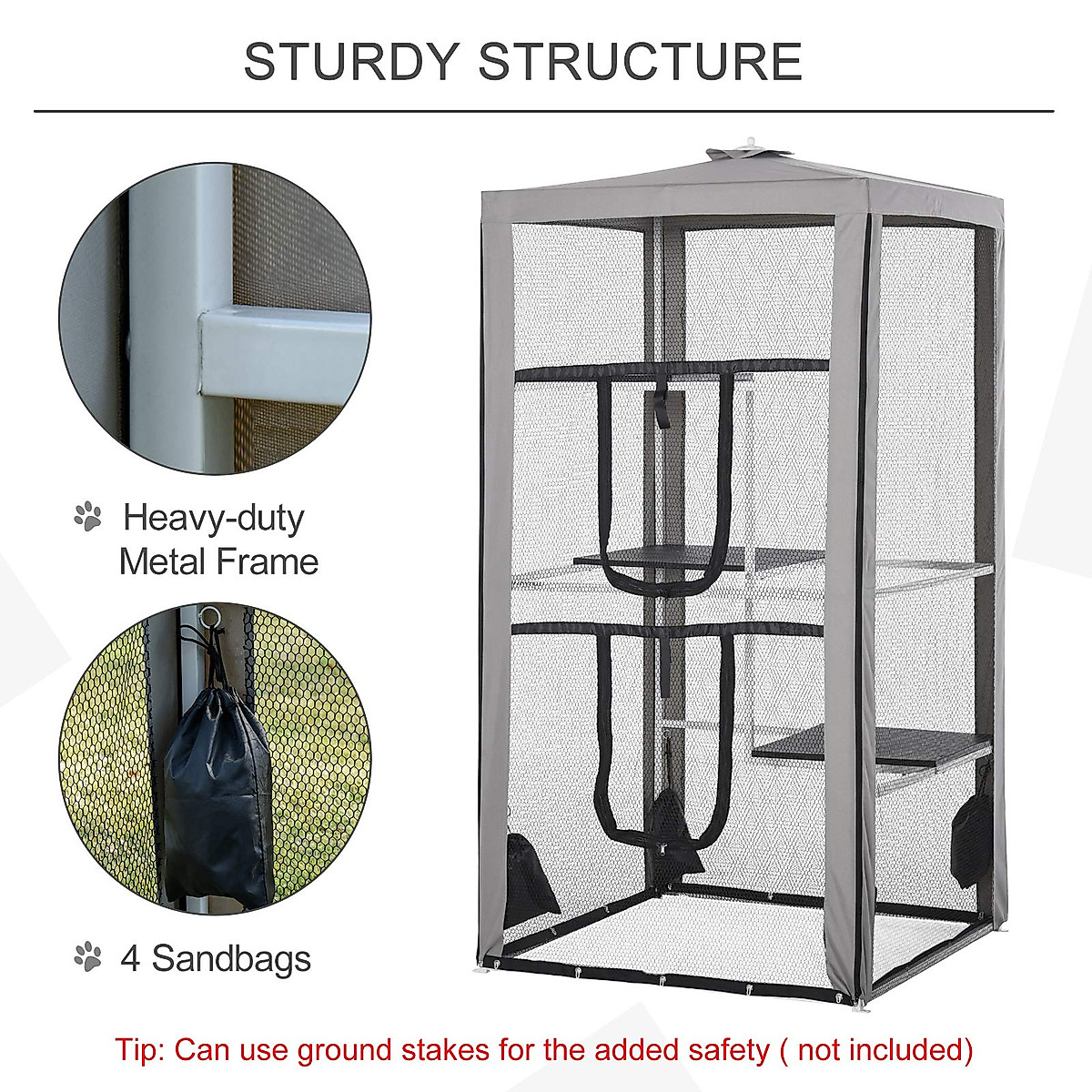 PawHut 79" H Cat House Kitten Enclosure Mesh Playpen Steel Frame with 3 Platforms, 2 Doors and 4 Sandbags for Stability, Indoor/Outdoor