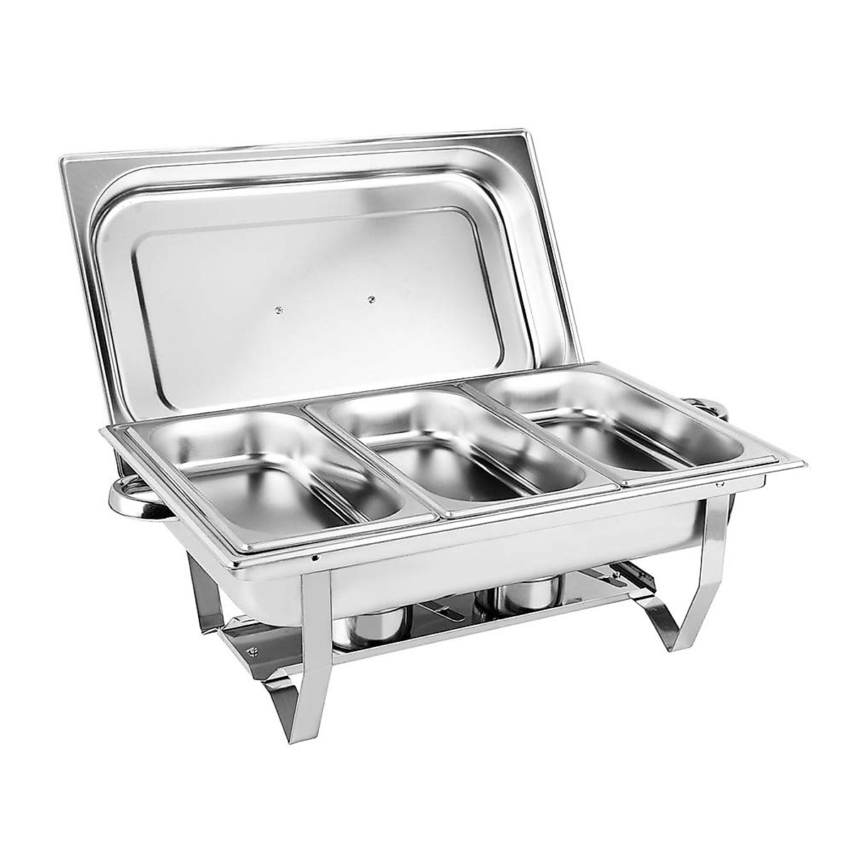 BANLICALI 3 * 3L Folding Stove, Baking Tray Container with Heater and Cover, Catering Buffet Baking Tray Stainless Steel Heating Container for Catering Party Wedding Banquets Silver