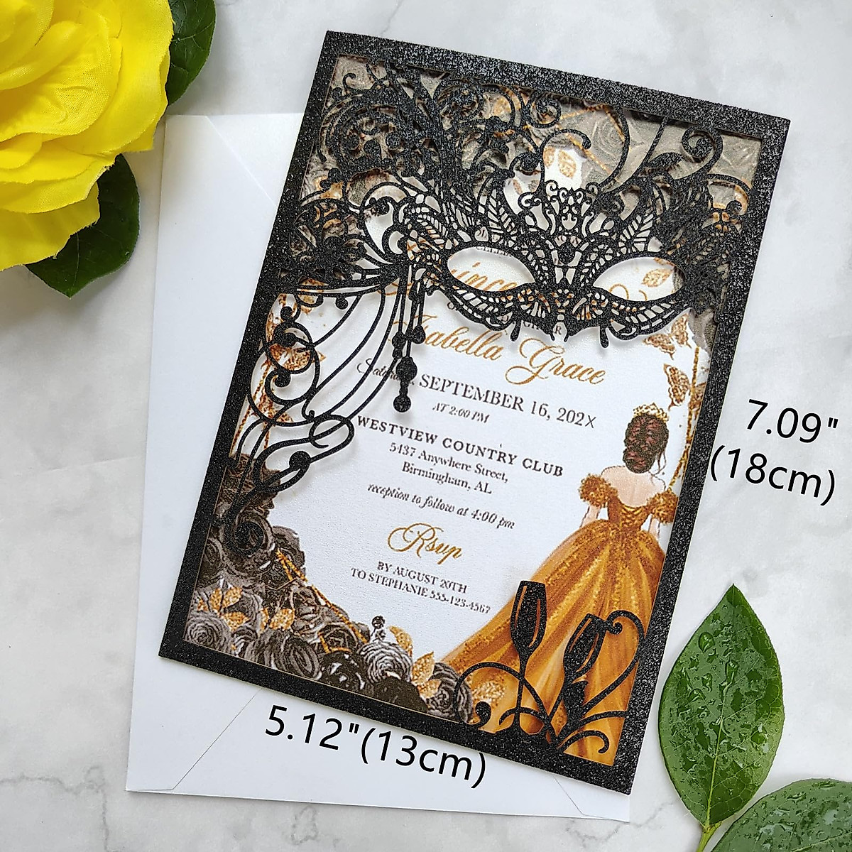 JOACHUUY 20PCS Masquerade Invitation SVG, DXF, PNG, Quinceanera Invitations,pocket invitation with envelops for xv,16 birthday,bridal shower. (glitter black)