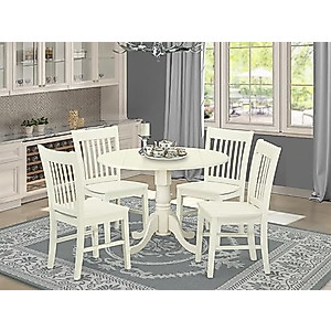 East West Furniture DLNO5-LWH-W 5 Piece Dining Set Includes a Round Dining Room Table with Dropleaf and 4 Kitchen Chairs, 42x42 Inch, Linen White
